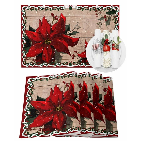 Christmas Poinsettia Placemats Set of 12 Winter Red Floral Pine Leaf ...