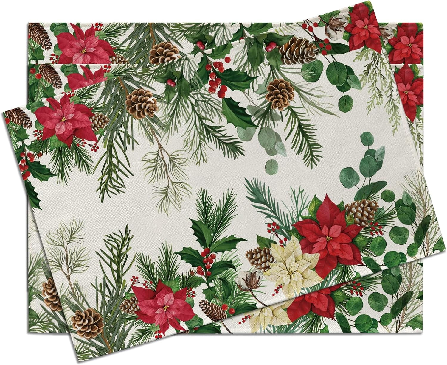 Christmas Poinsettia Placemats Set of 4, Xmas Pine Branches Cones Holly ...