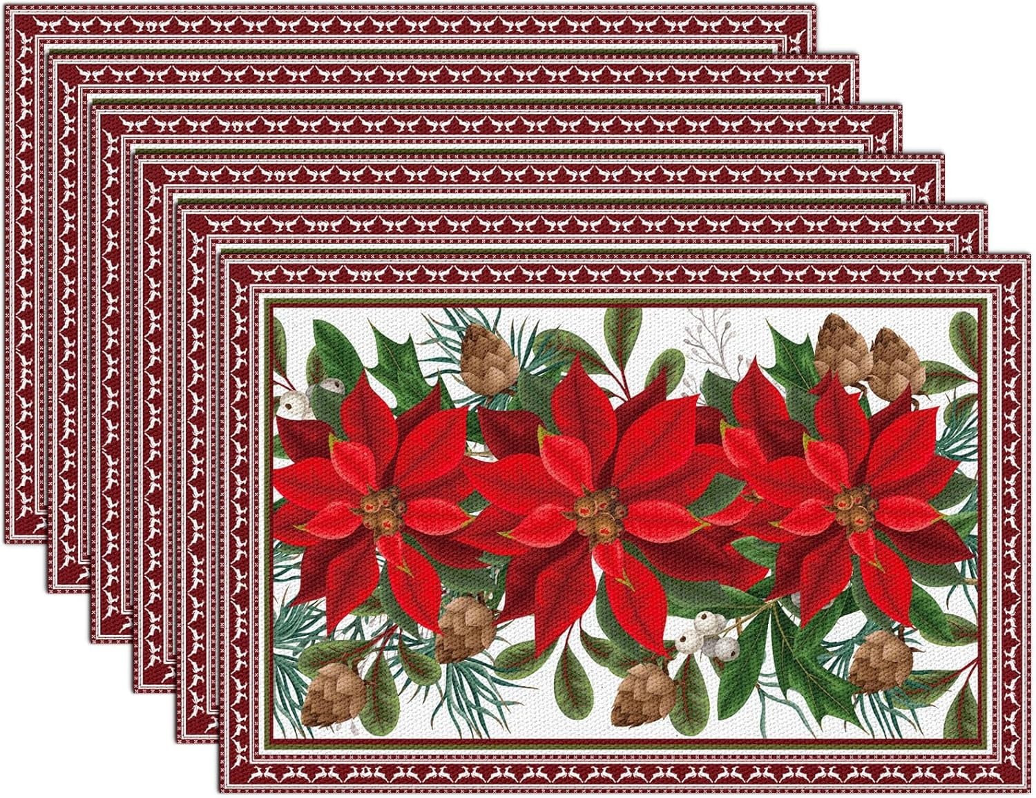 Christmas Poinsettia Placemats Set of 6, Seasonal Winter Christmas Red ...