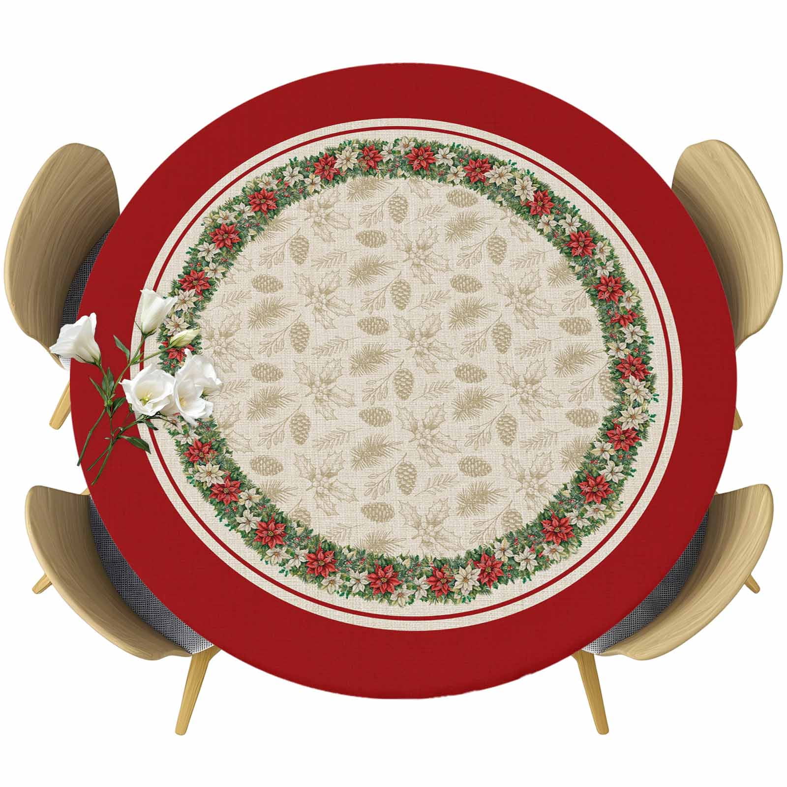 Christmas Poinsettia Round Tablecloth, Fitted Table Cover with Elastic ...