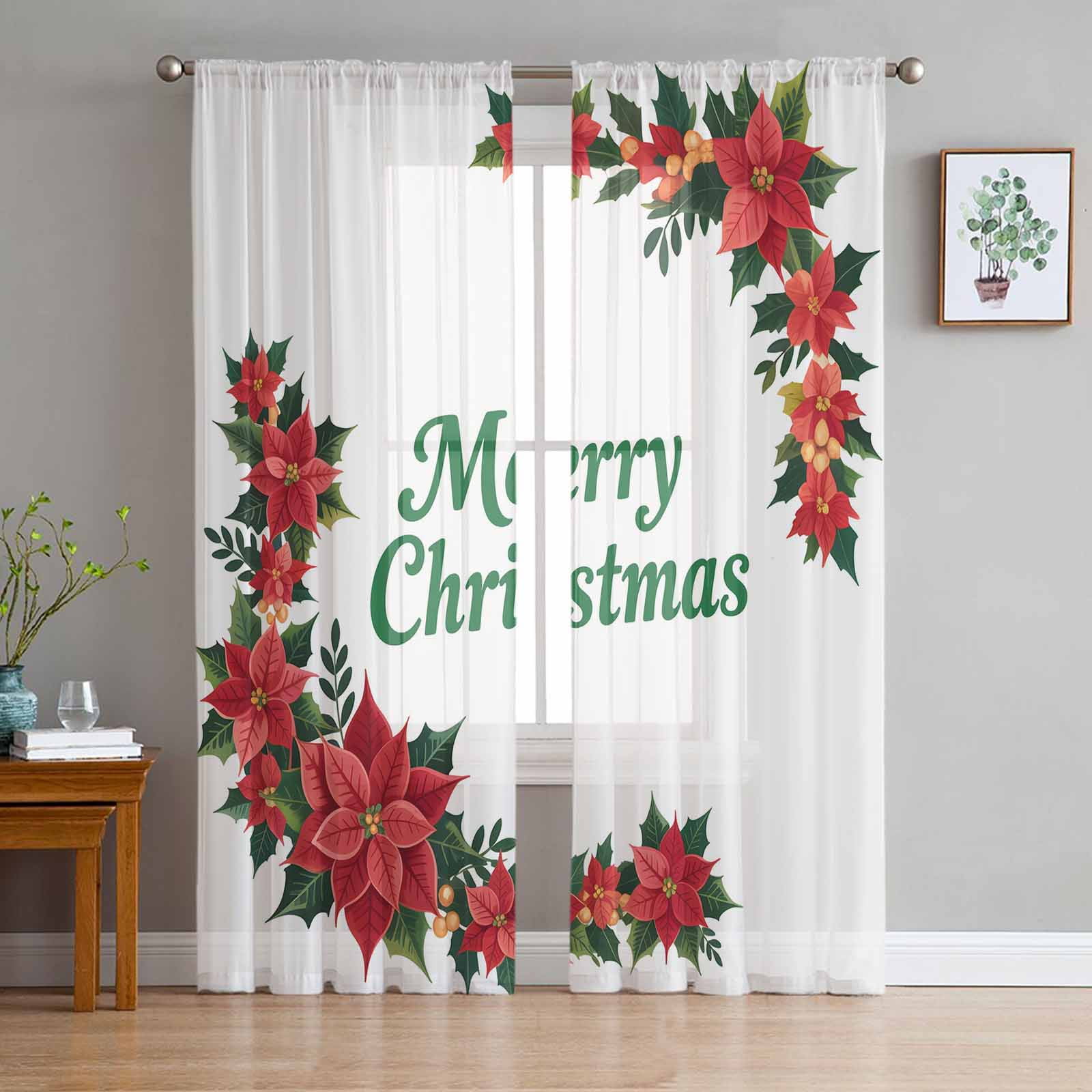 Christmas Poinsettia Sheer Curtains 108 Inches Long, Farmhouse Red ...