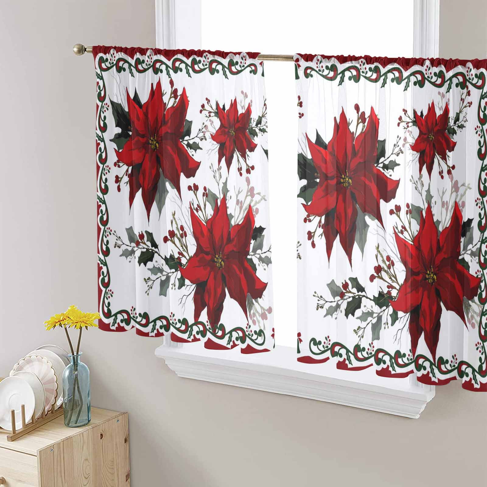 Christmas Poinsettia Sheer Curtains 45 Inch Length 2 Panels Set, Semi ...