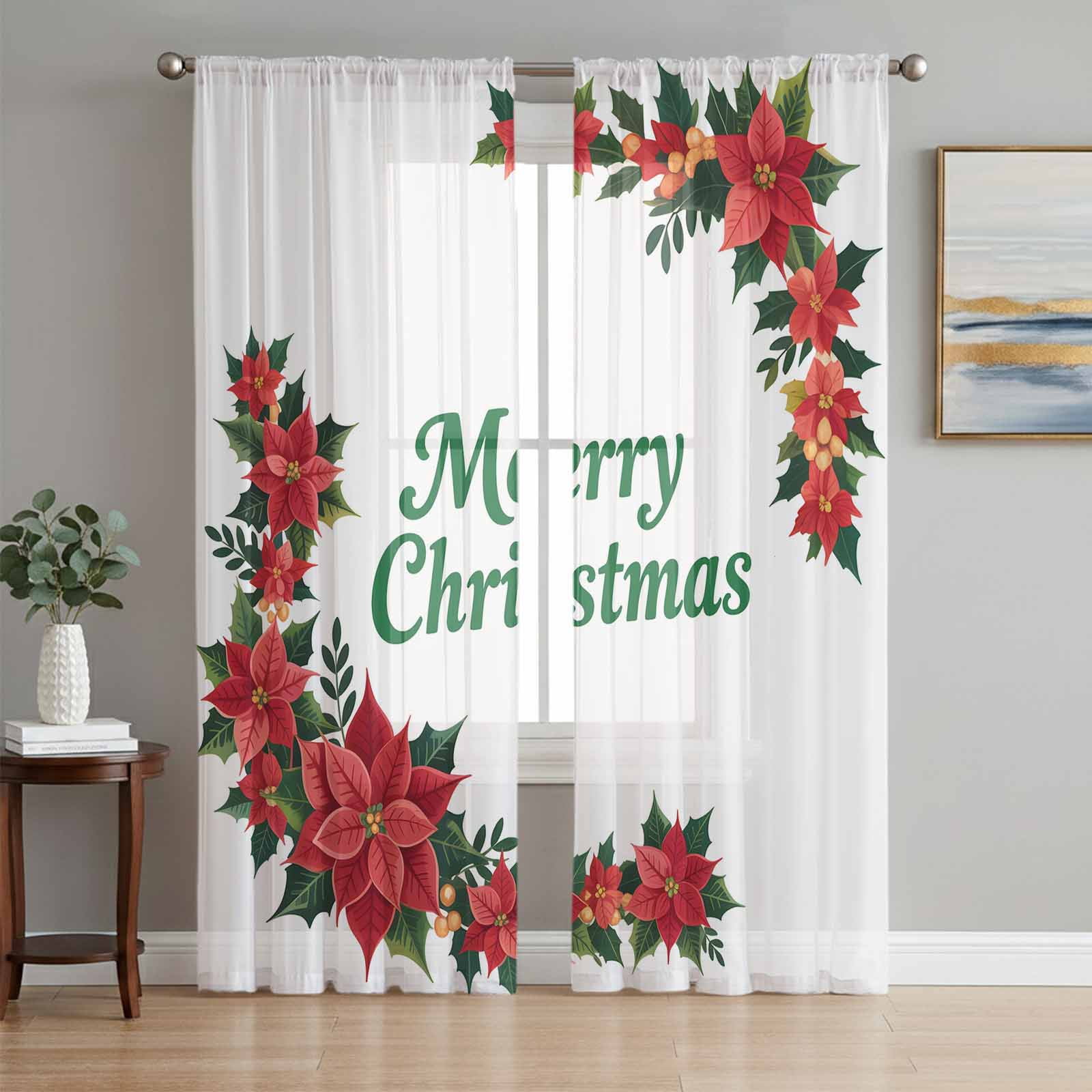 Christmas Poinsettia Sheer Curtains 63 Inch Length 2 Panels Set ...