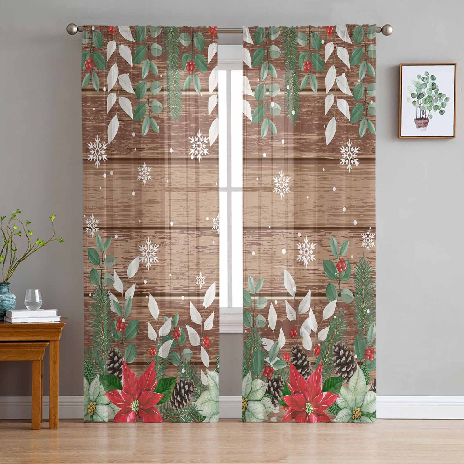Christmas Poinsettia Sheer Curtains 63 Inch Length 2 Panels Set, Semi ...