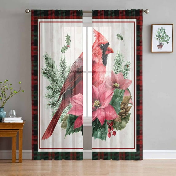 Christmas Poinsettia Sheer Curtains 63 Inches Long, Birds Botanical ...