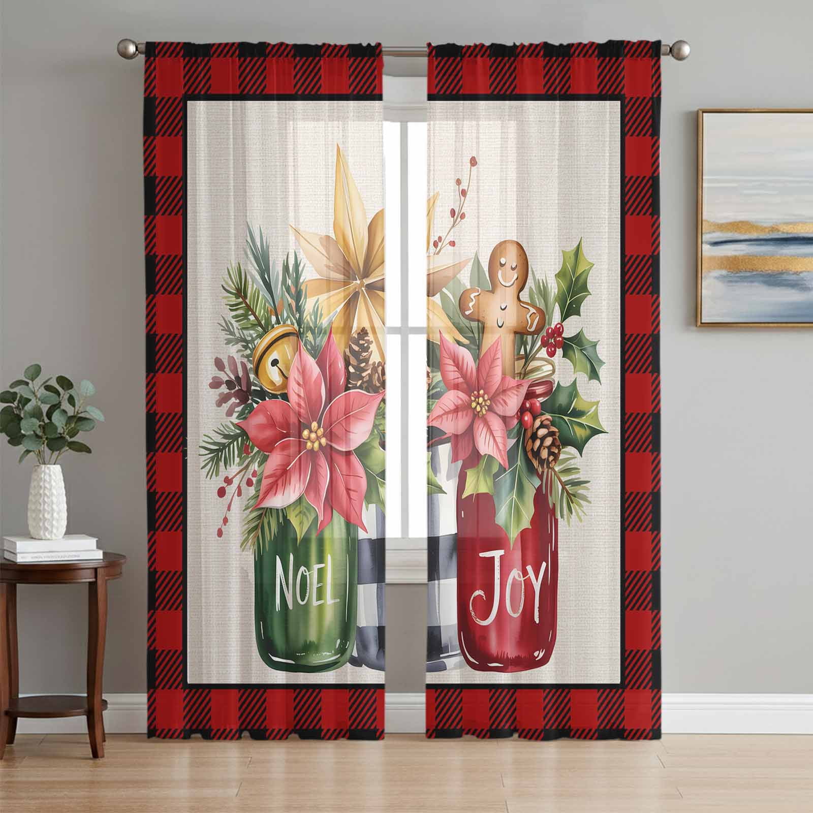Christmas Poinsettia Sheer Curtains 84 Inch Length 2 Panels Set, Winter ...