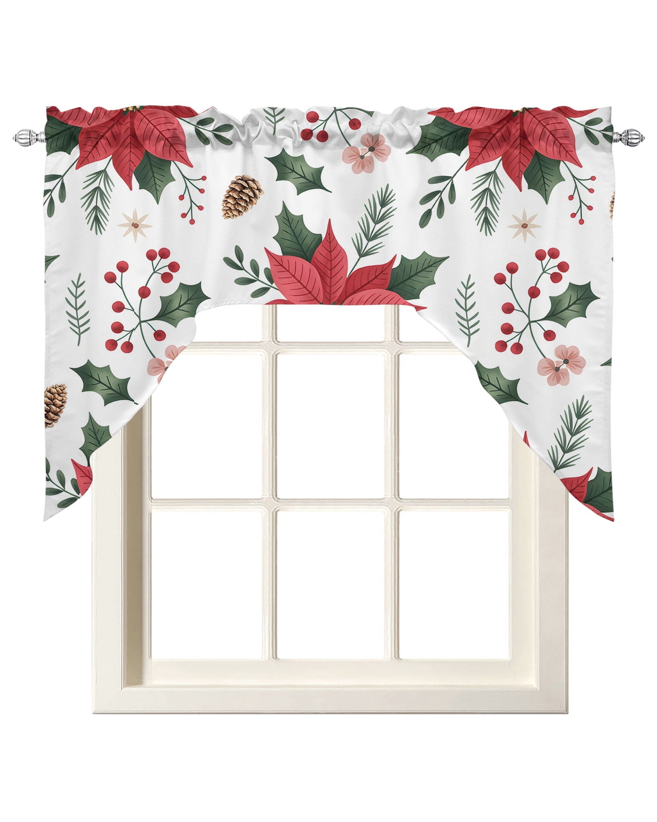 Christmas Poinsettia Swag Curtains for Kitchen Xmas Pine Fruit Berry ...