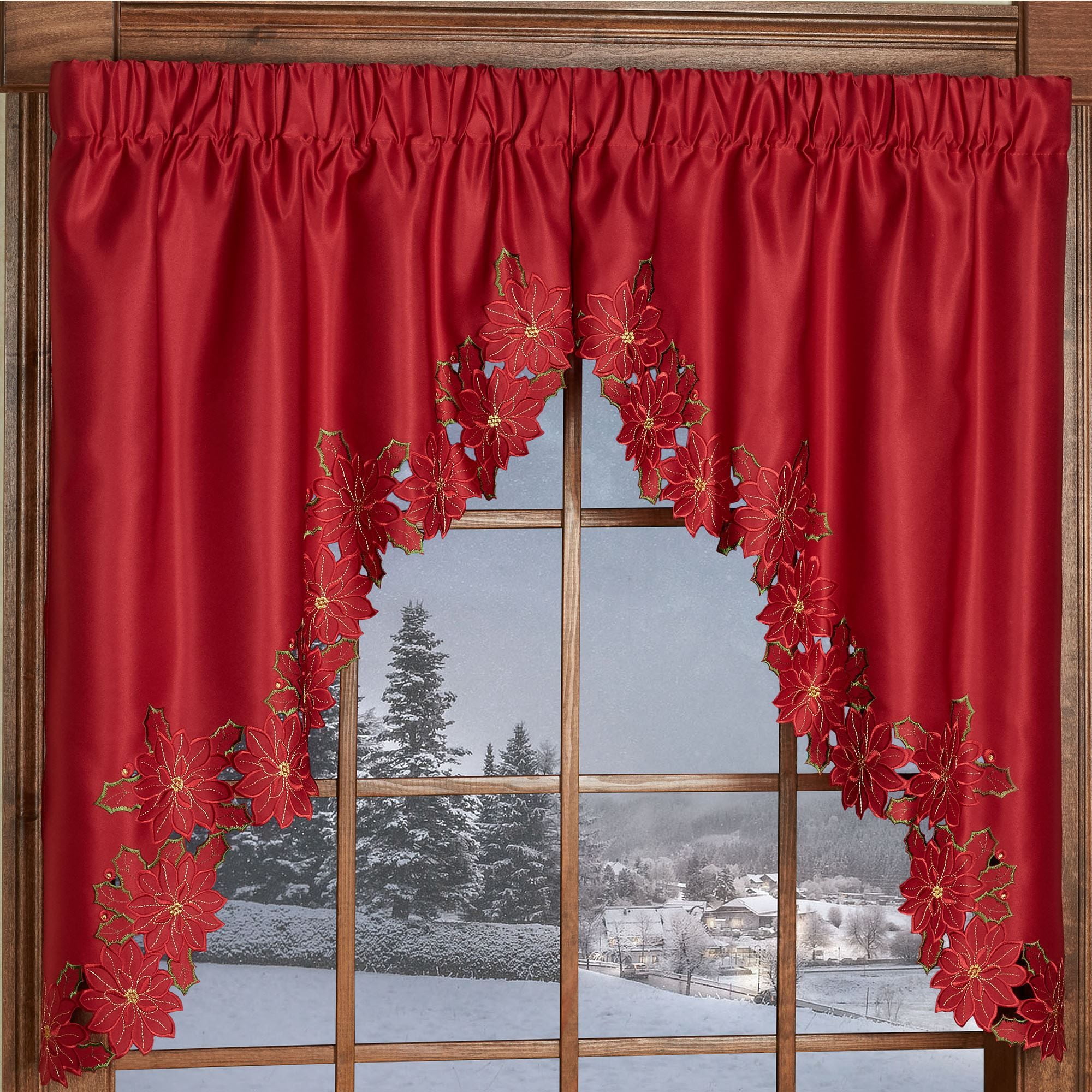 Holiday Embroidery Polyester Christmas Poinsettia Swag Valance Pair ...