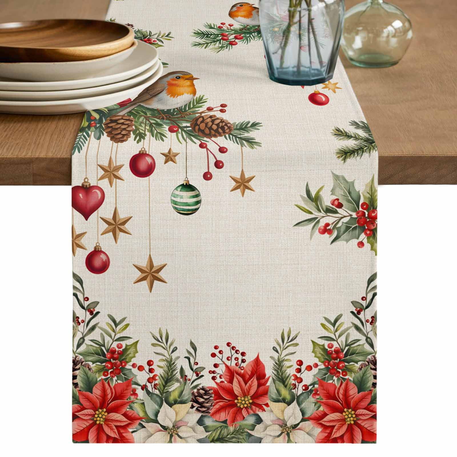 Christmas Poinsettia Table Runner 120 Inches, Xmas Ball Pine Cone Berry ...