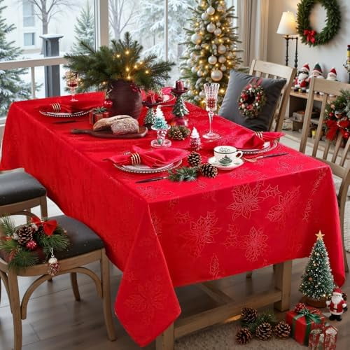 Christmas Poinsettia Tablecloth Rectangle, 60 x 120 inch Jacquard ...