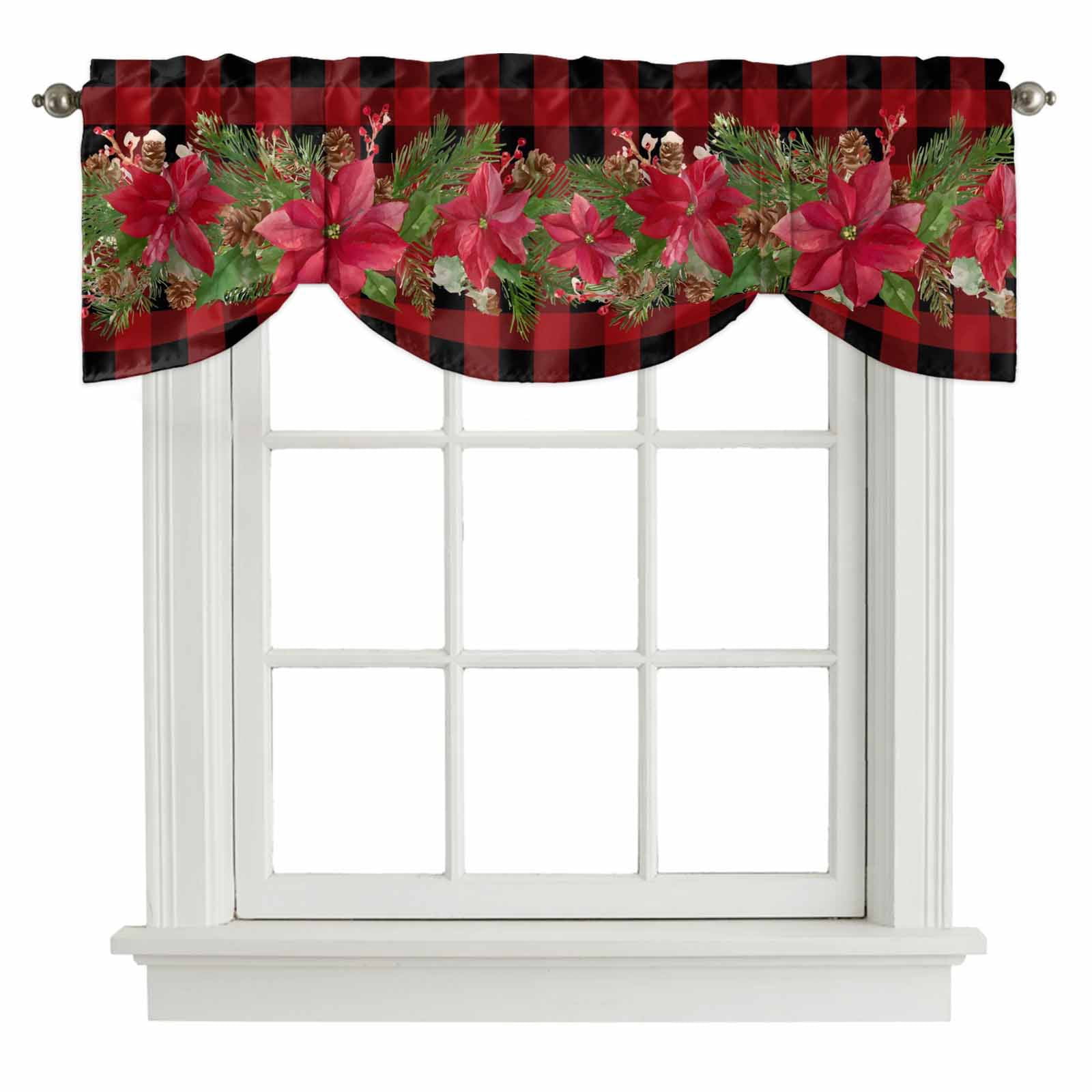 Christmas Poinsettia Tie Up Valance Curtains for Windows, Kitchen ...