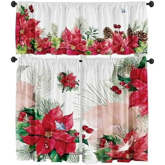 Christmas Poinsettia Valances for Kitchen Windows, Set of 3, Red and ...