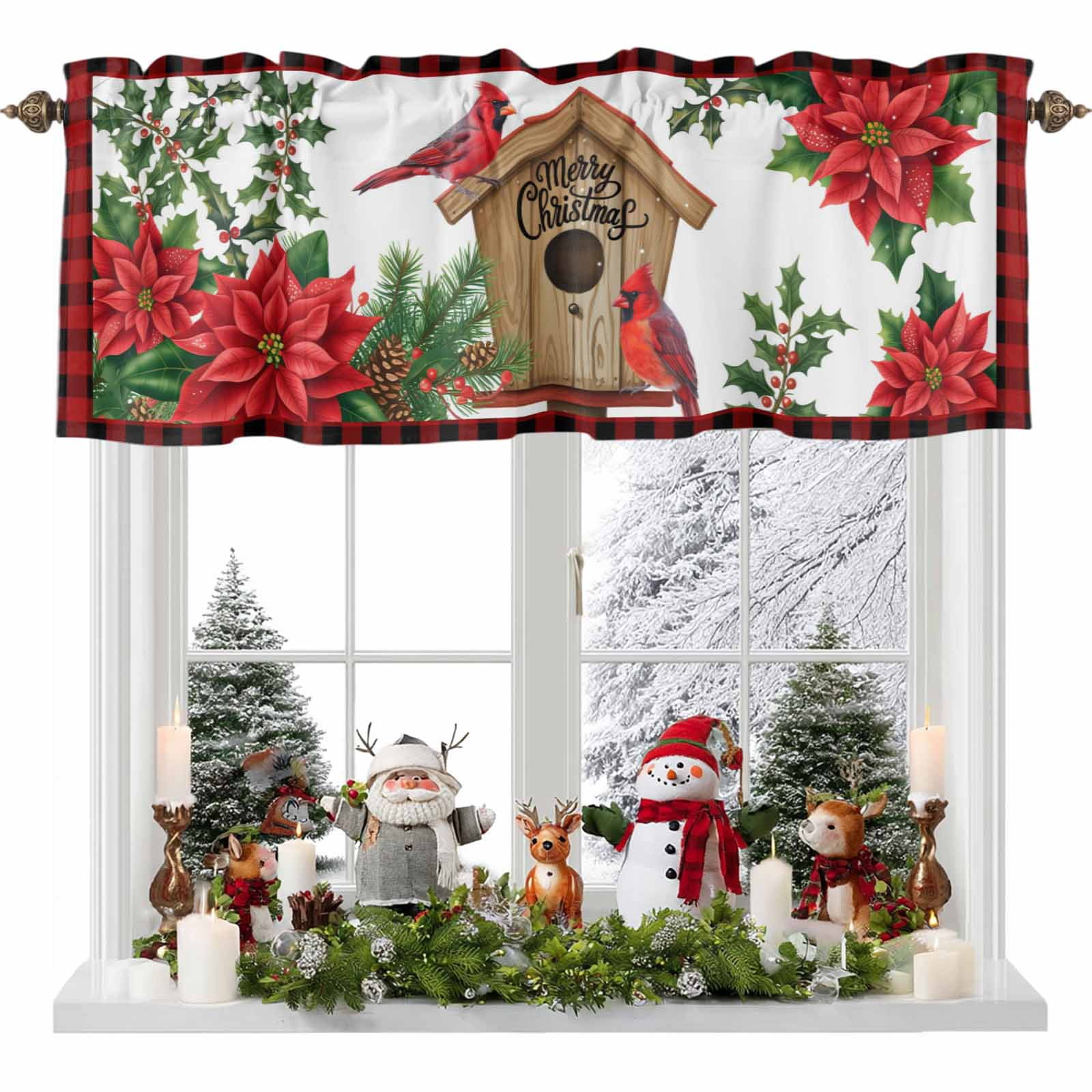 Christmas Poinsettia Valances for Windows, Xmas Cardinal Bird Nest ...