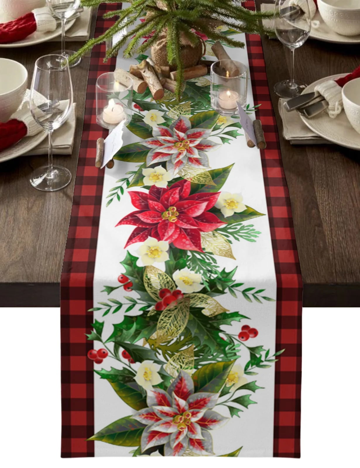 Christmas Poinsettia Watercolor Table Runner Cotton Linen Wedding Decor ...