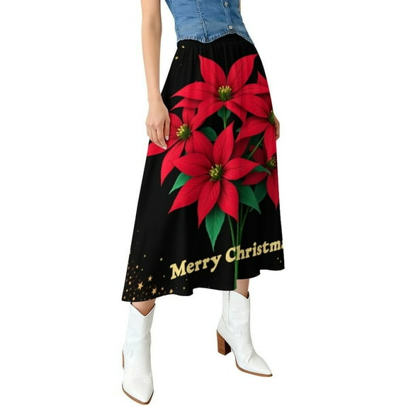 Christmas Poinsettias on Black Women High Waist Midi Skirt Elegant Midi ...
