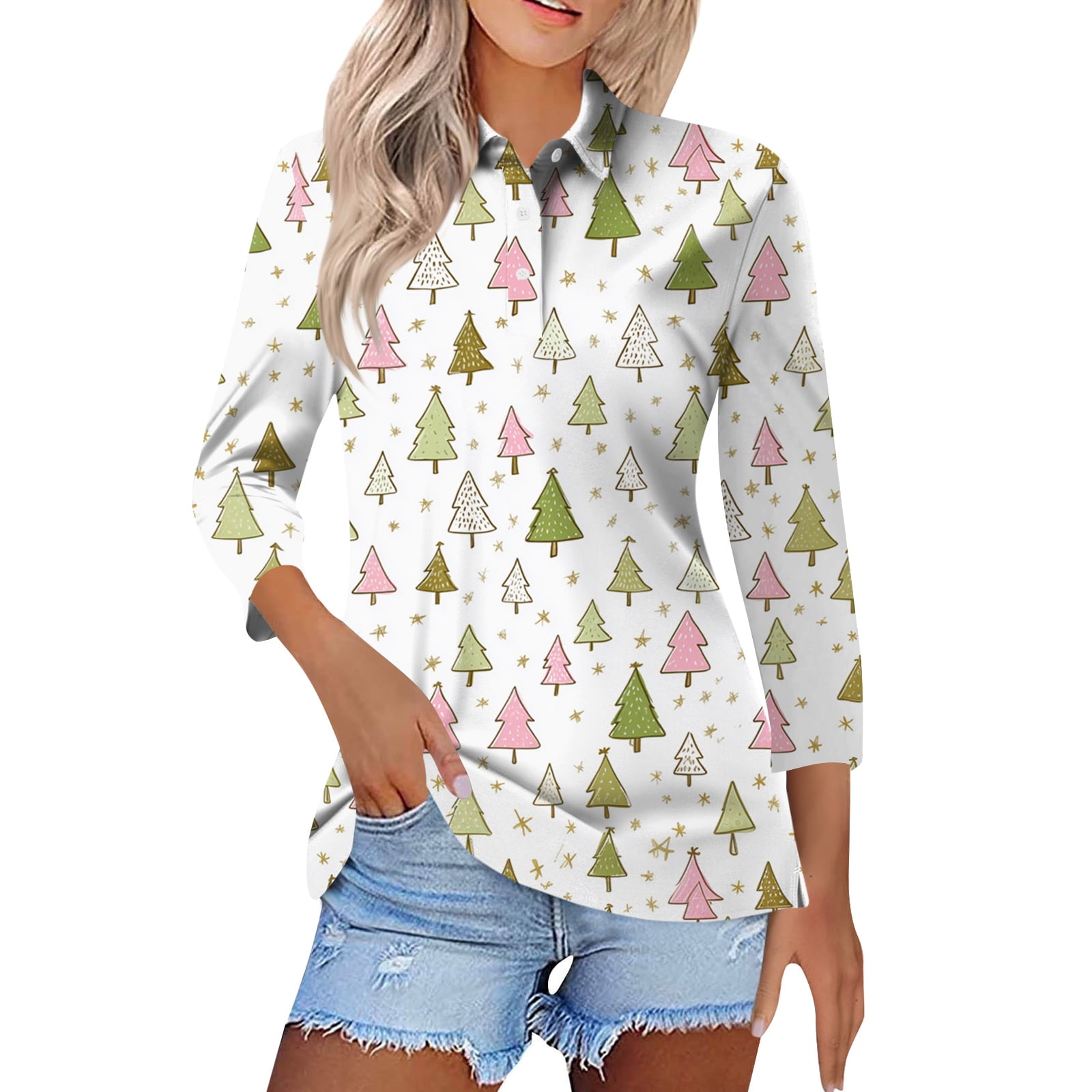 Christmas Polo Shirts for Womens Button Down Polo Shirts 3/4 Sleeve ...