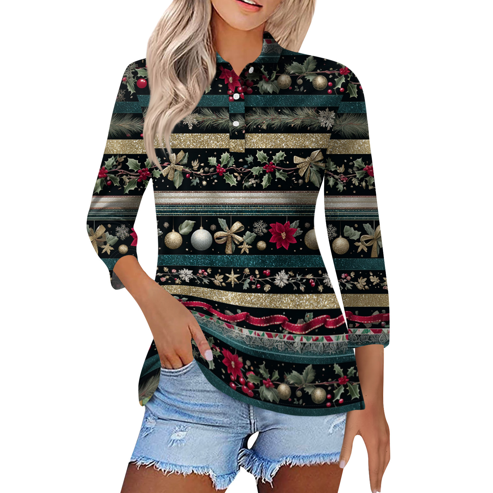 Christmas Polo Shirts for Womens Button Down Polo Shirts 3/4 Sleeve ...