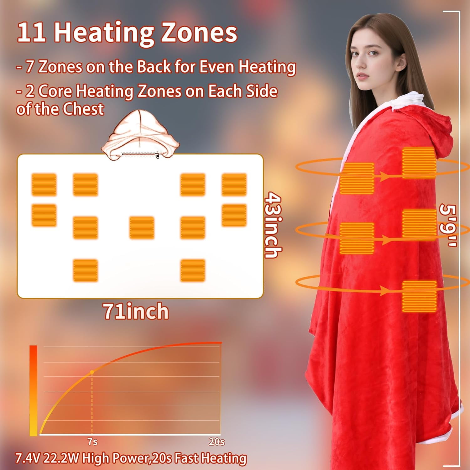 Christmas Portable Heated Blanket with 20000mAh 7.4V Power Bank, Large ...