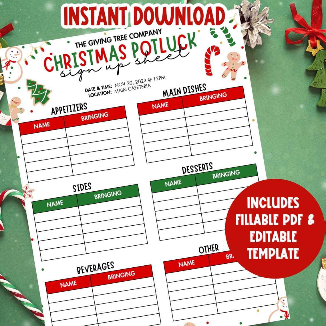 Christmas Potluck Sign Up Sheet, Holiday Work and Family Potluck ...