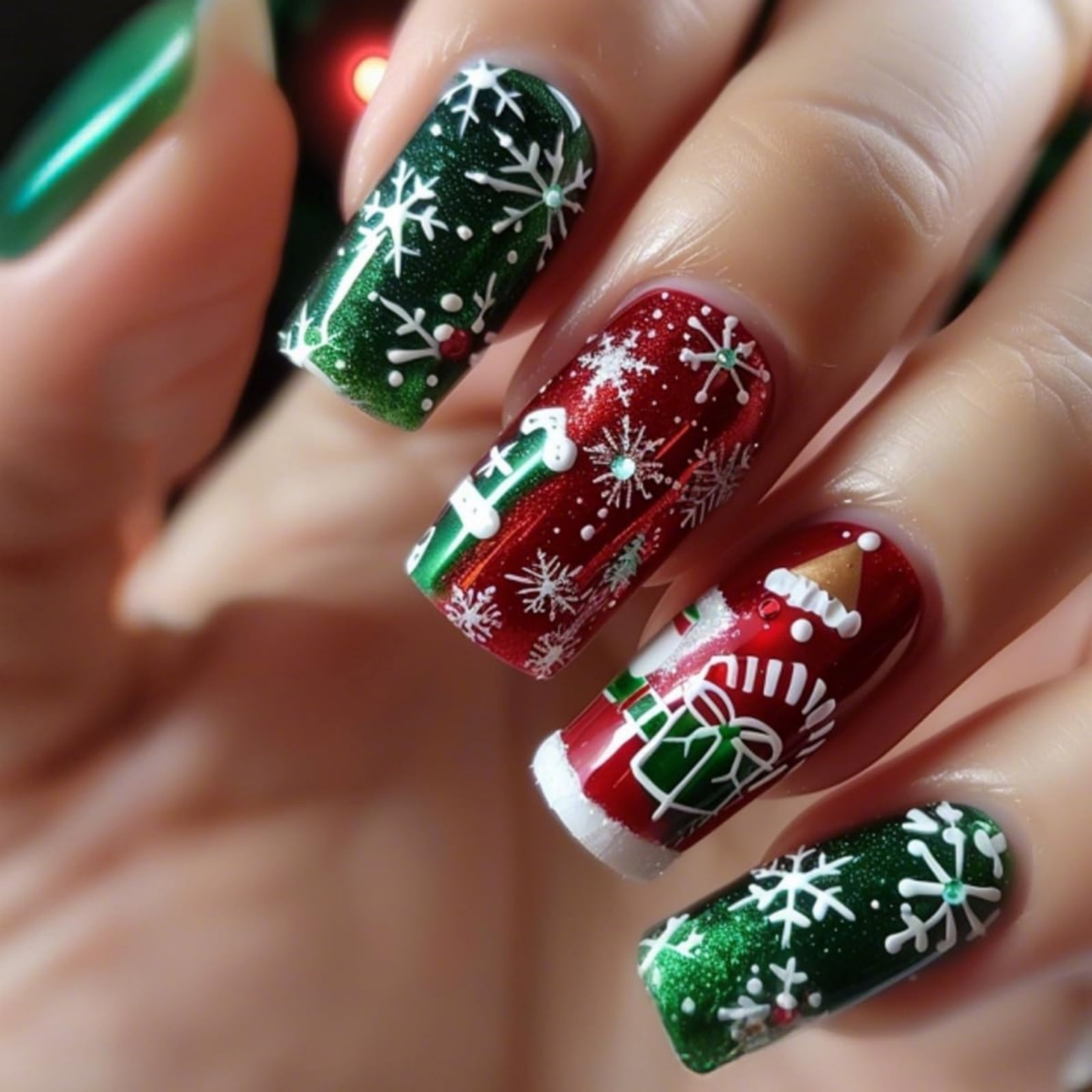Christmas Press on Nails Medium Square 3D Fake Nails Christmas Nails ...
