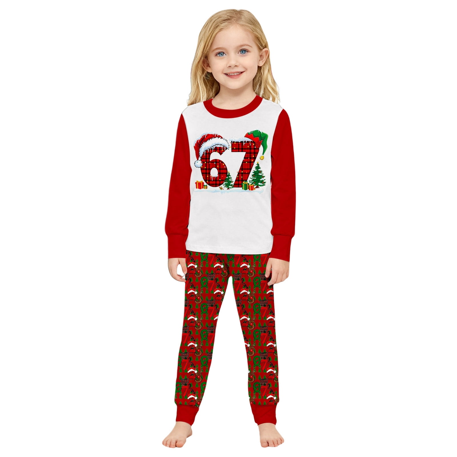 Christmas Print Flannel Pajama Girls Long Sleeve Top Pants Two Piece ...