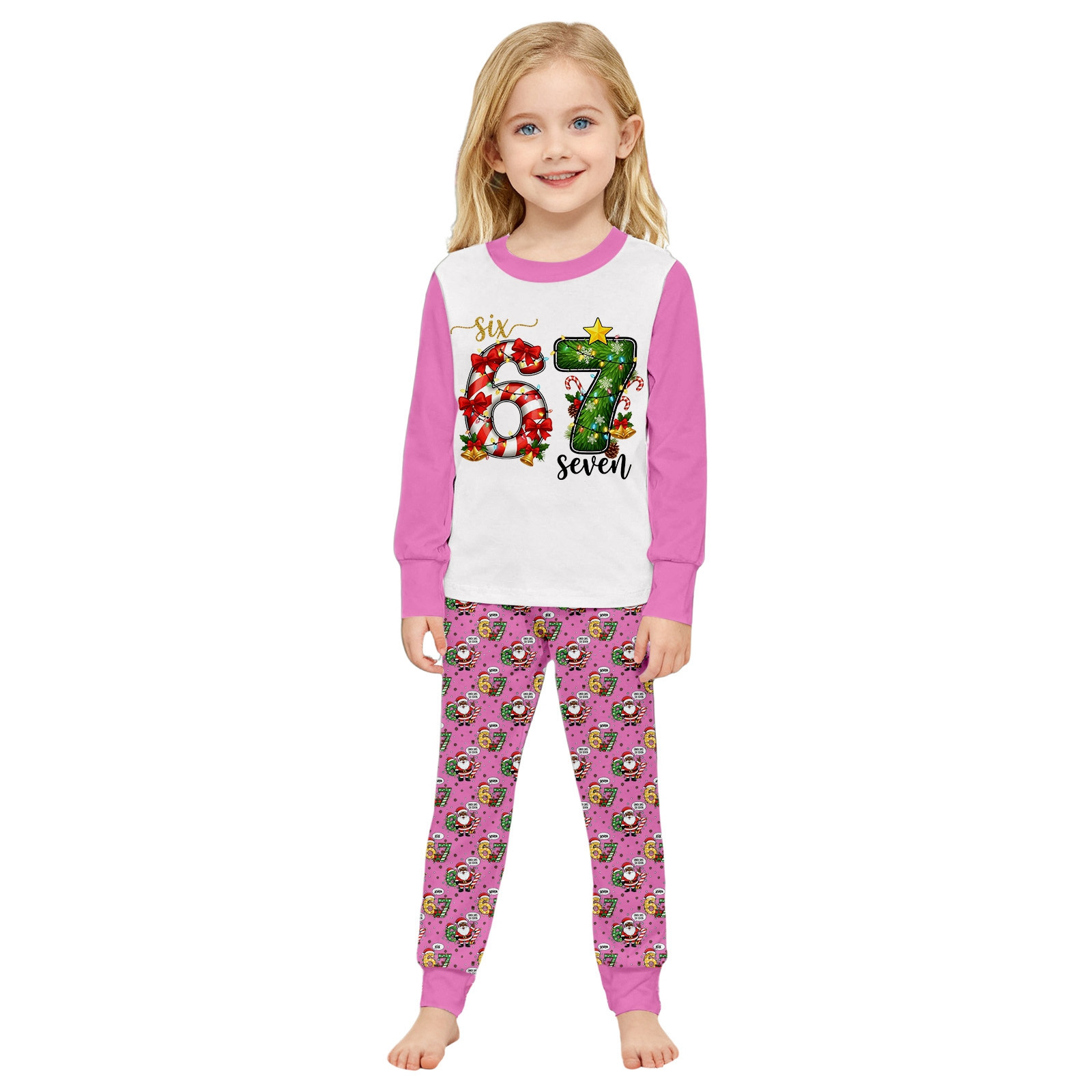 Christmas Print Flannel Pajama Girls Long Sleeve Top Pants Two Piece ...