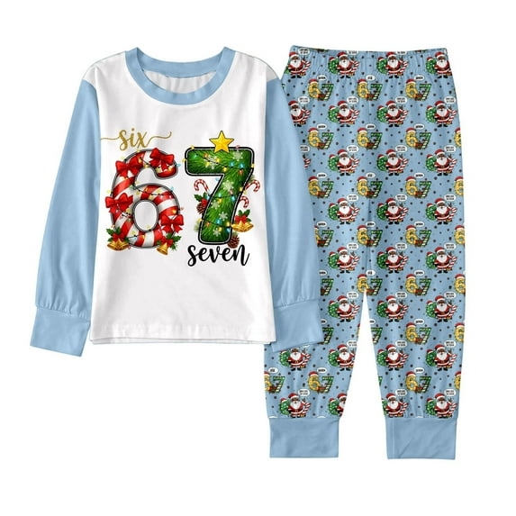 Christmas Print Flannel Pajama Girls Long Sleeve Top Pants Two Piece ...