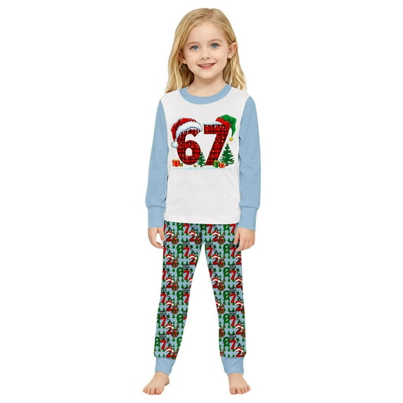 Christmas Print Flannel Pajama Girls Long Sleeve Top Pants Two Piece ...