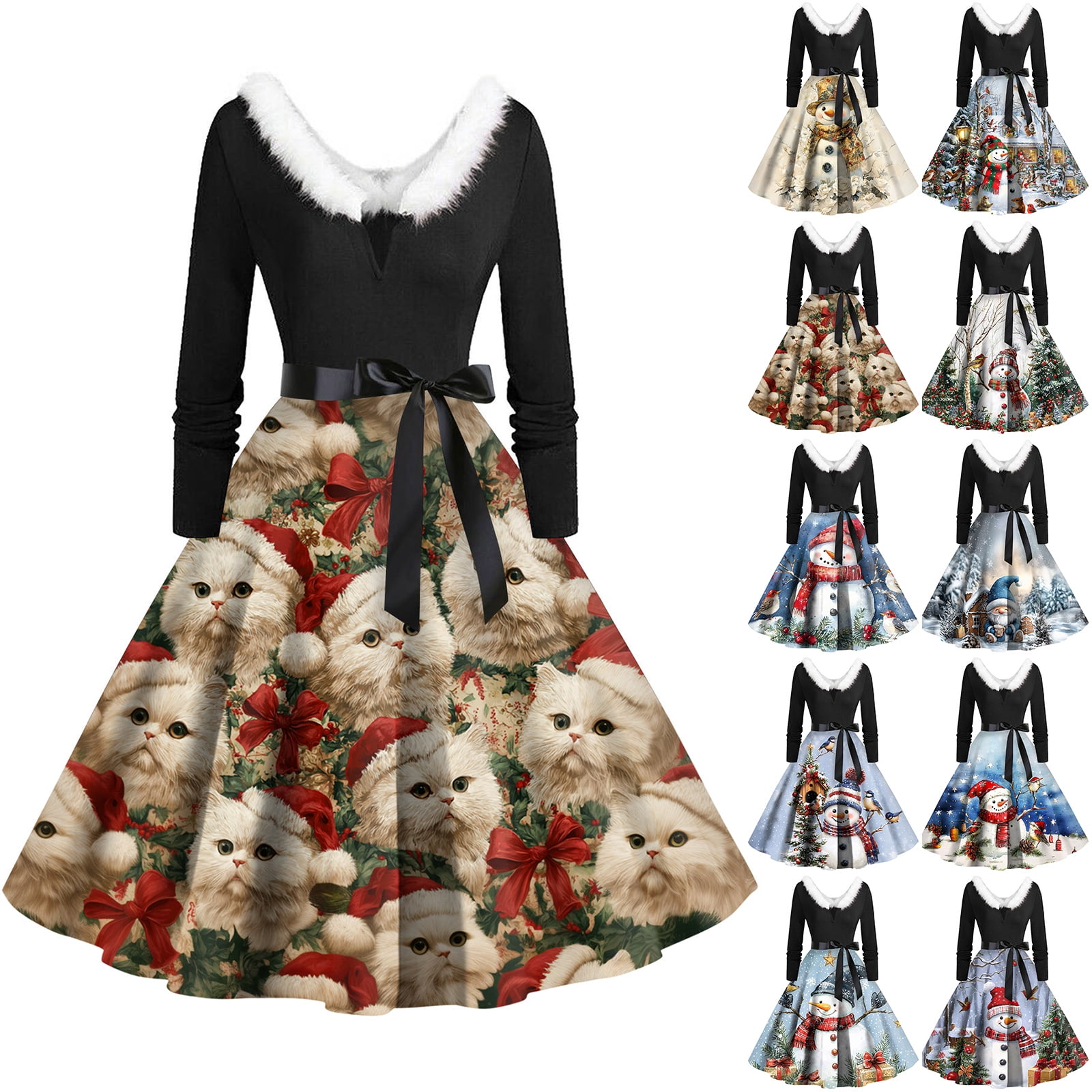 Christmas Print Flare Dress for Women Long Sleeve Dress Hollow Party ...