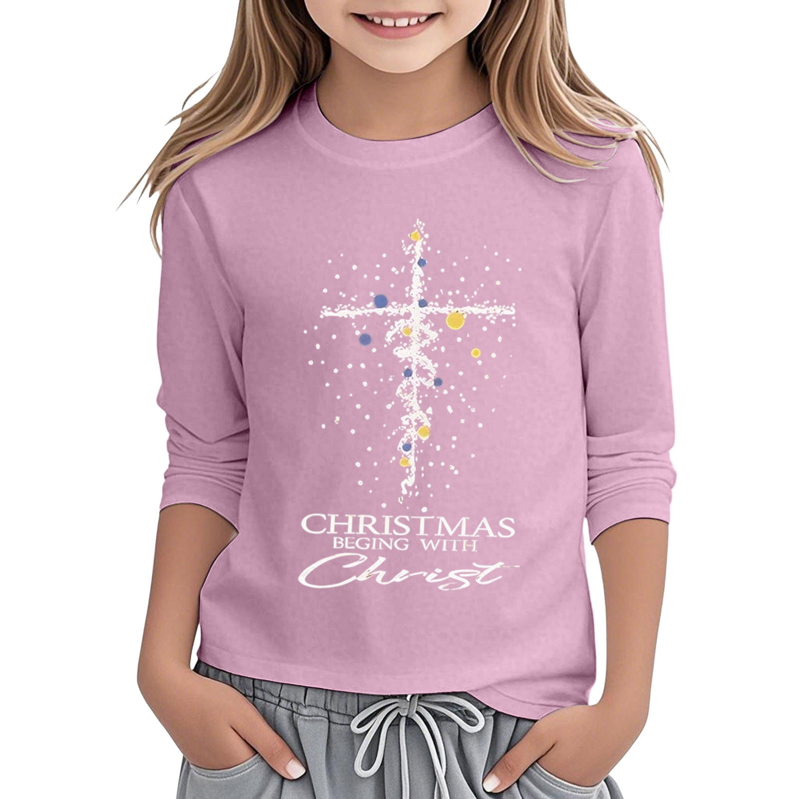 Christmas Print Long Sleeve Round Neck Top Girls Festive Holiday Party ...