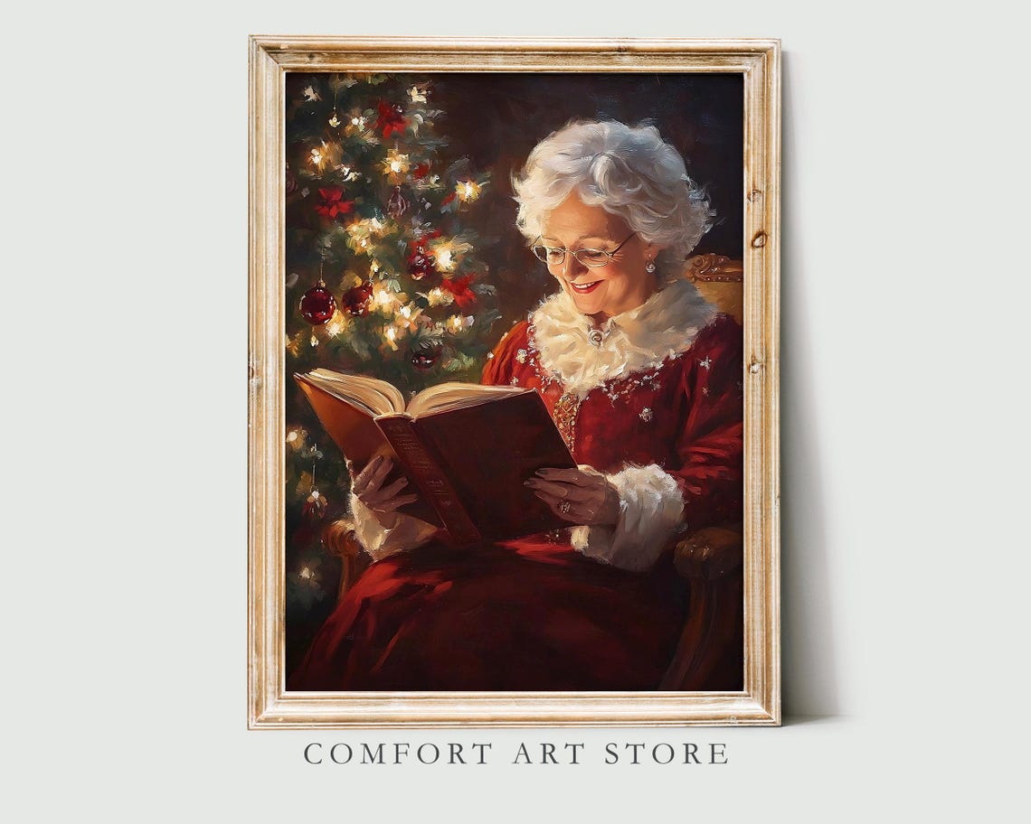Christmas Print Mrs Claus Reading Book Christmas Wall Art Vintage Dark ...