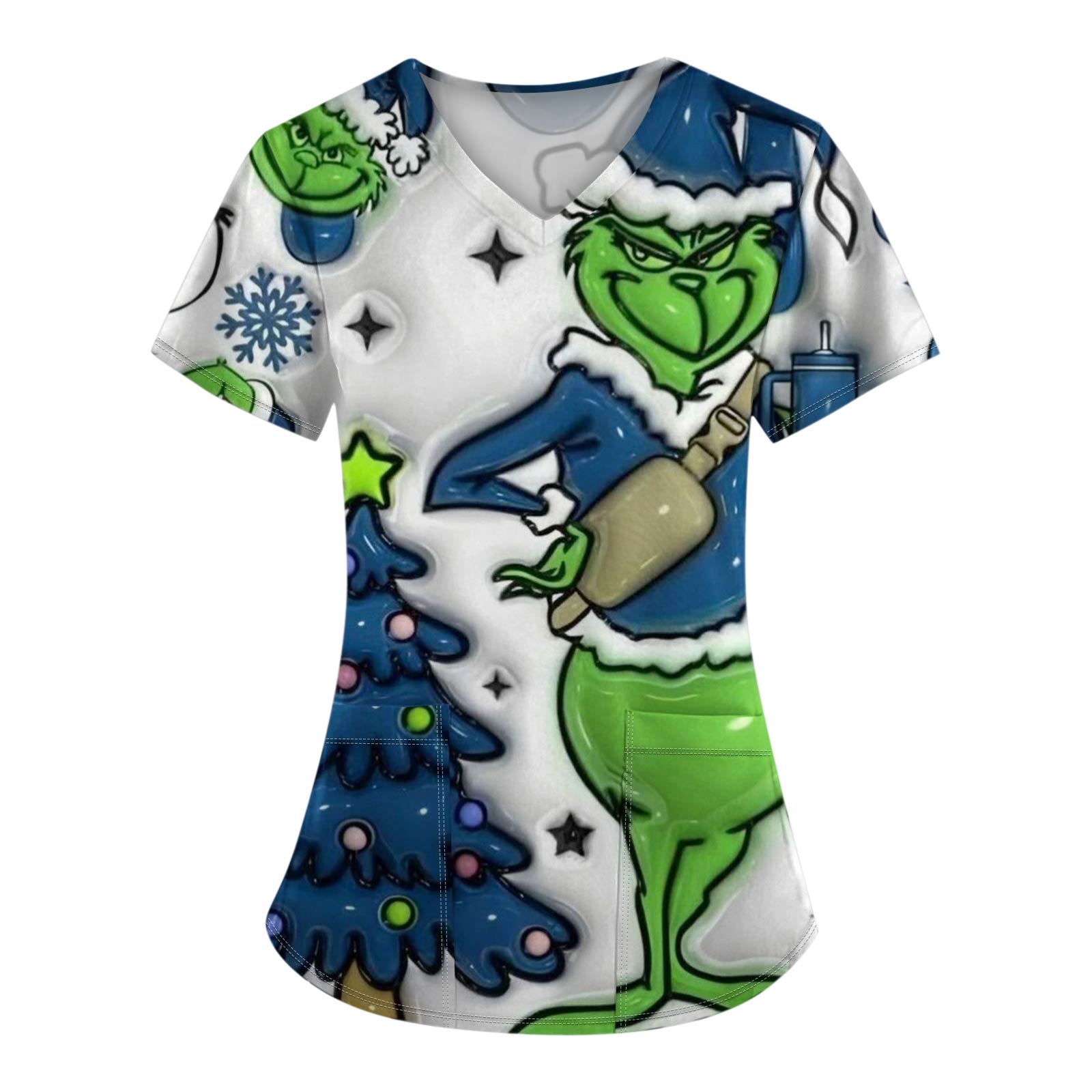 Christmas Print Scrub Tops for Women,Scrubs V-Neck Short Sleeve Tops ...