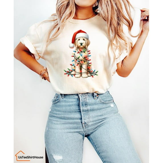 Christmas Puppy Graphic T-Shirt | Cute Dog with Santa Hat and Lights ...