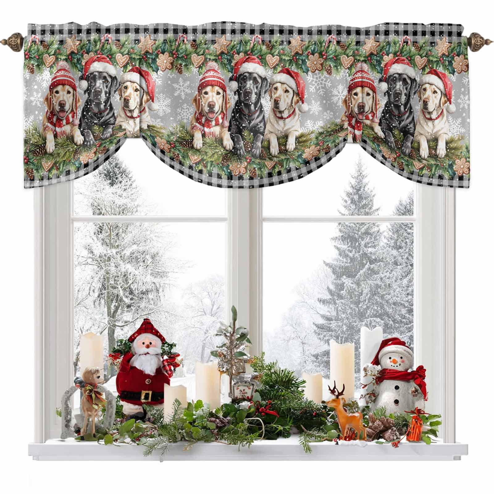 Christmas Puppy Tie Up Valances Curtain, Dogs Gingerbread Pine Snowflake Grey Plaid Adjustable ...