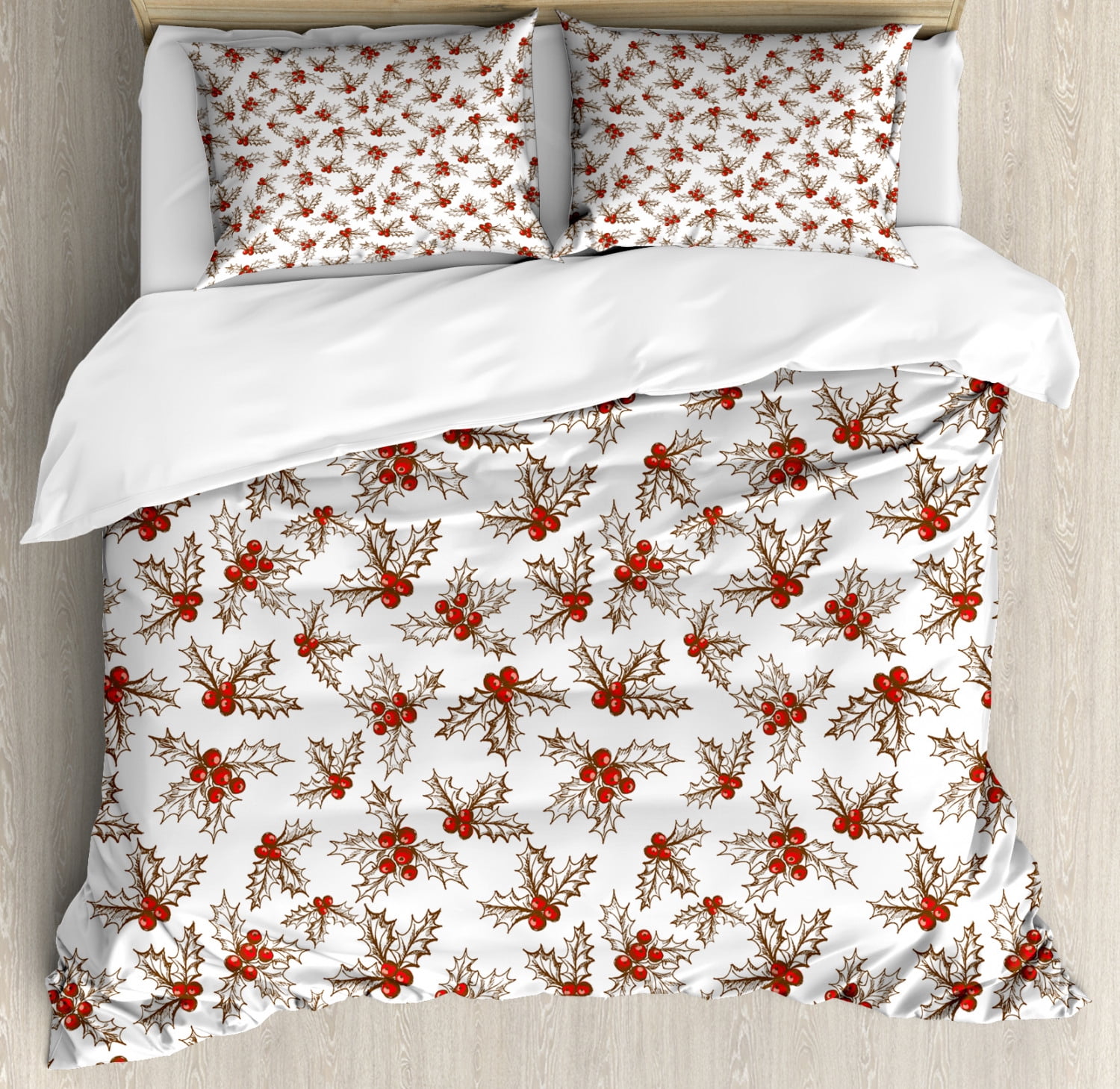 Christmas Queen Size Duvet Cover Set, Winter Season Harvest Holly Berries Vintage Floral ...