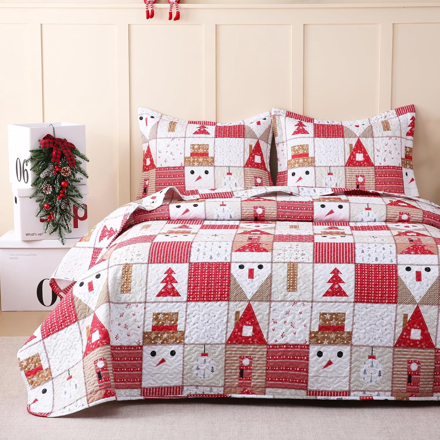 Christmas Quilt Set Full/, Patchwork Christmas Bedding 3 count, Soft ...