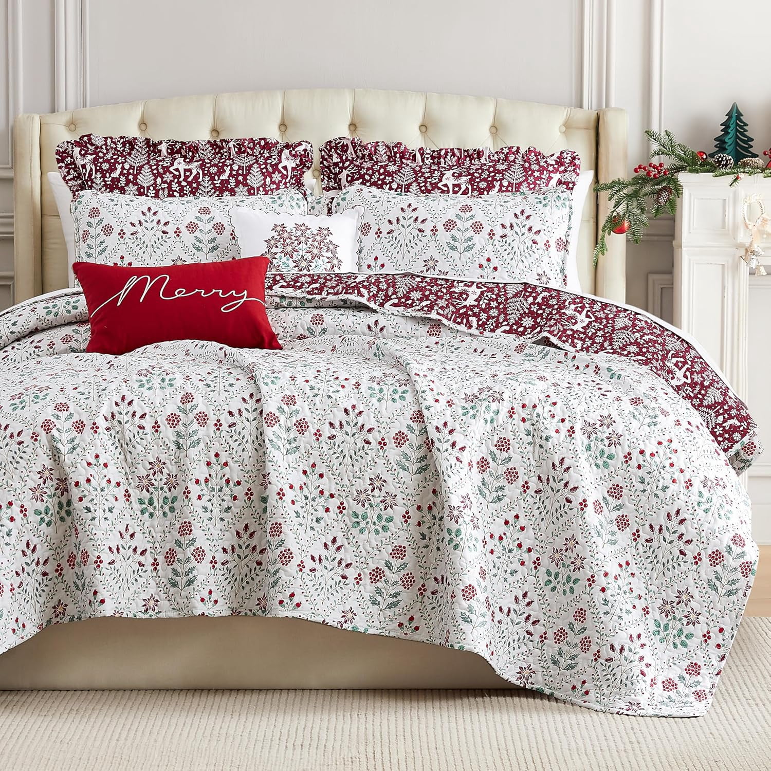 Christmas Quilt Set, King Size 7-Pc Set w/4 Pillow Shams & 2 Throw ...