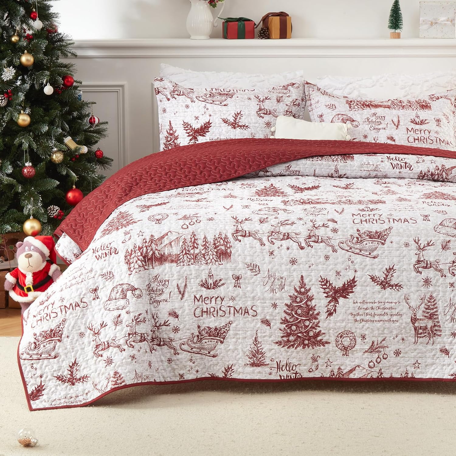 Christmas Quilt Set Queen Size, Reversible Printed 3 Pieces Quilts ...