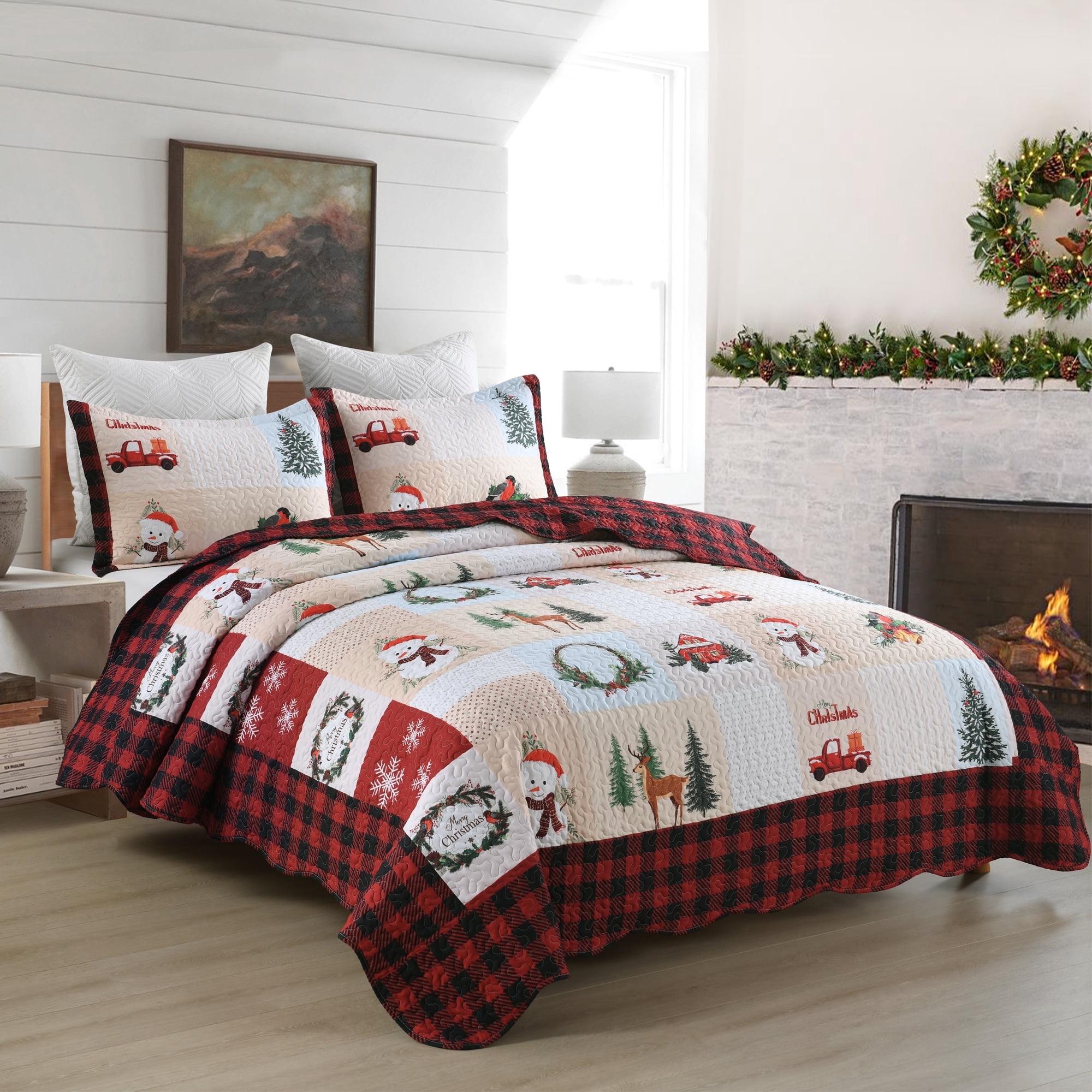 Christmas Quilt Set, King Queen Twin Size, Snowmen Snowflakes Bedding ...