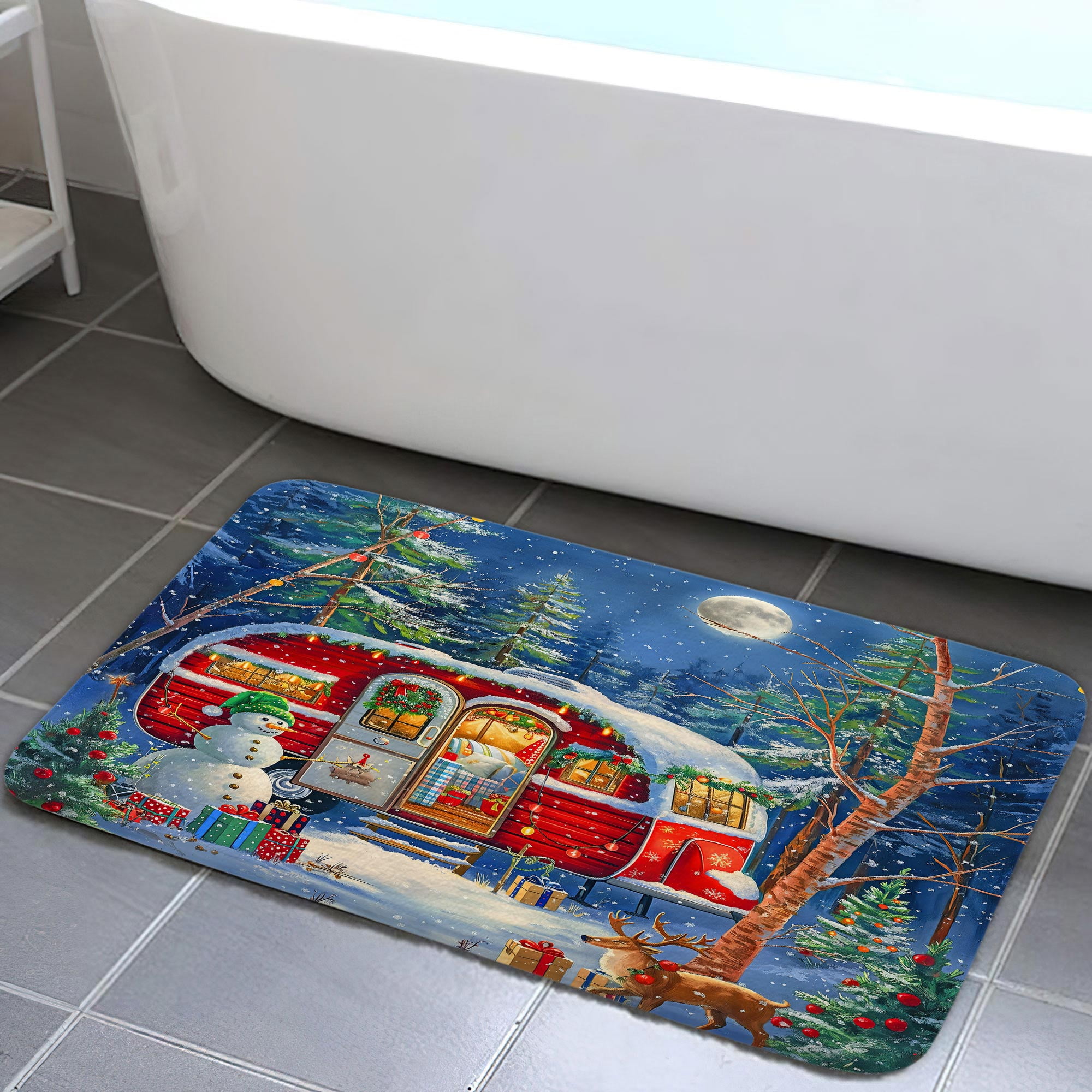 Christmas RV Bath Mat, Winter Retro Snowy Deer Snowman Xmas Tree Forest ...