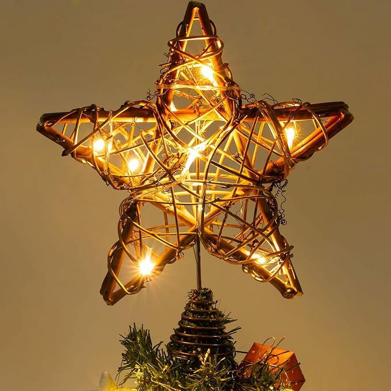 Christmas Rattan Natural Star Tree Topper, No Remote, Xmas Star Tree ...
