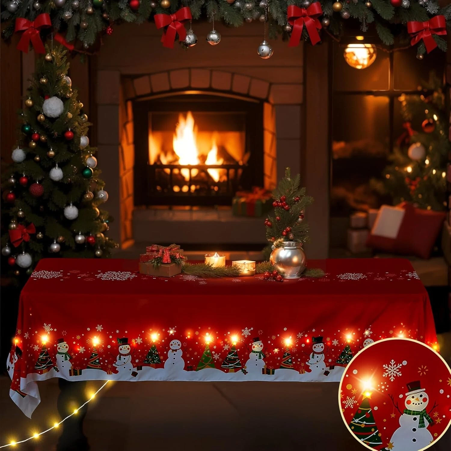 Christmas Rectangl Tablecloth With Led Light 60" X 102" Red Printed ...