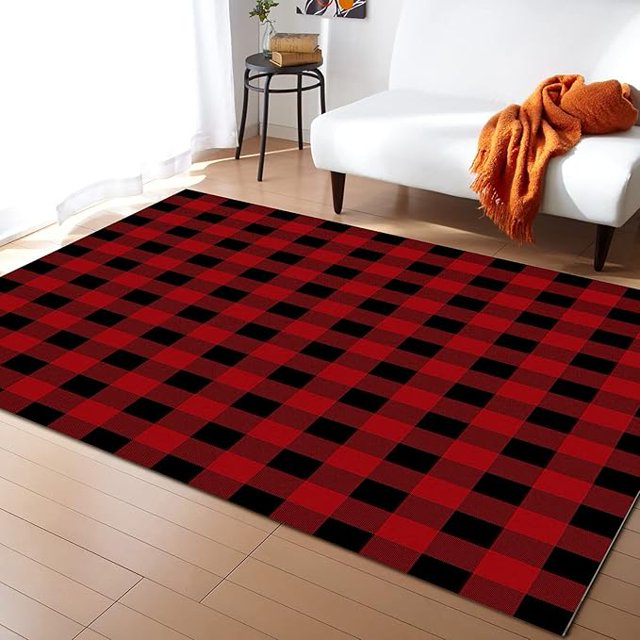 Christmas Red And Black Plaid Area Rugs, Buffalo Check Farmhouse Soft ...