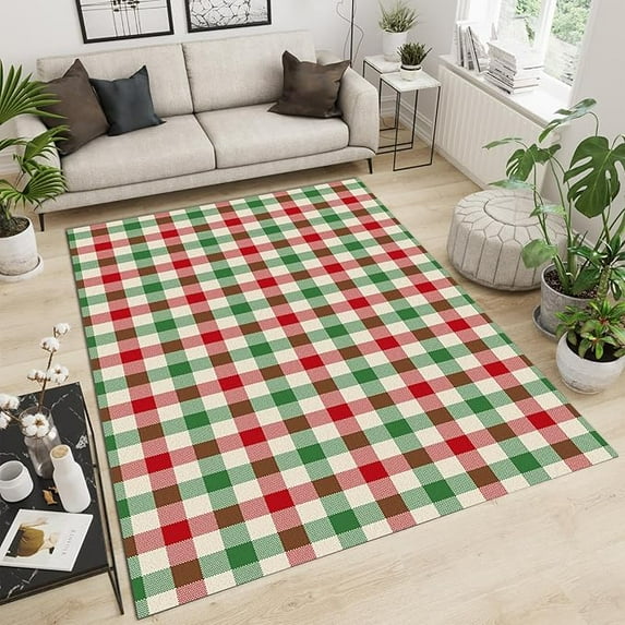 Christmas Red And Green Plaid Area Rugs, Abstract Geometric Square Grid ...