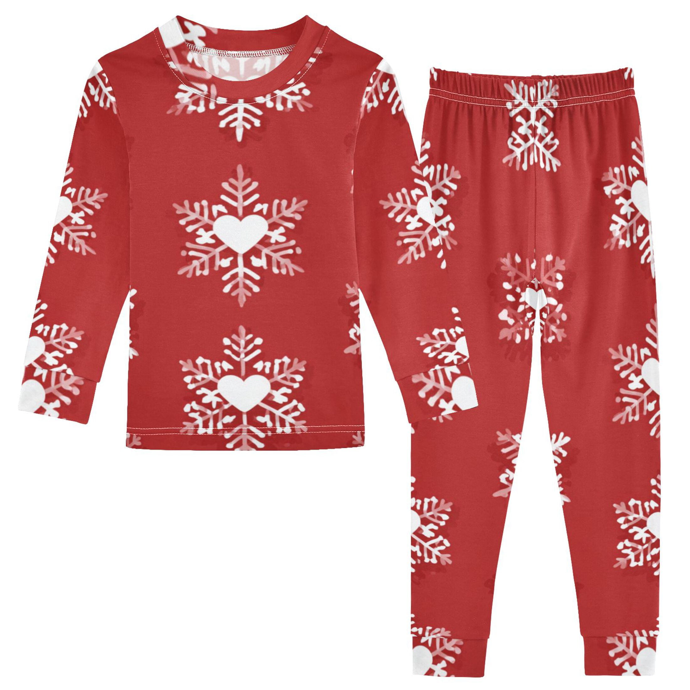Christmas Red Background Hearts Inside Snowflakes Cotton Pajama Set ...