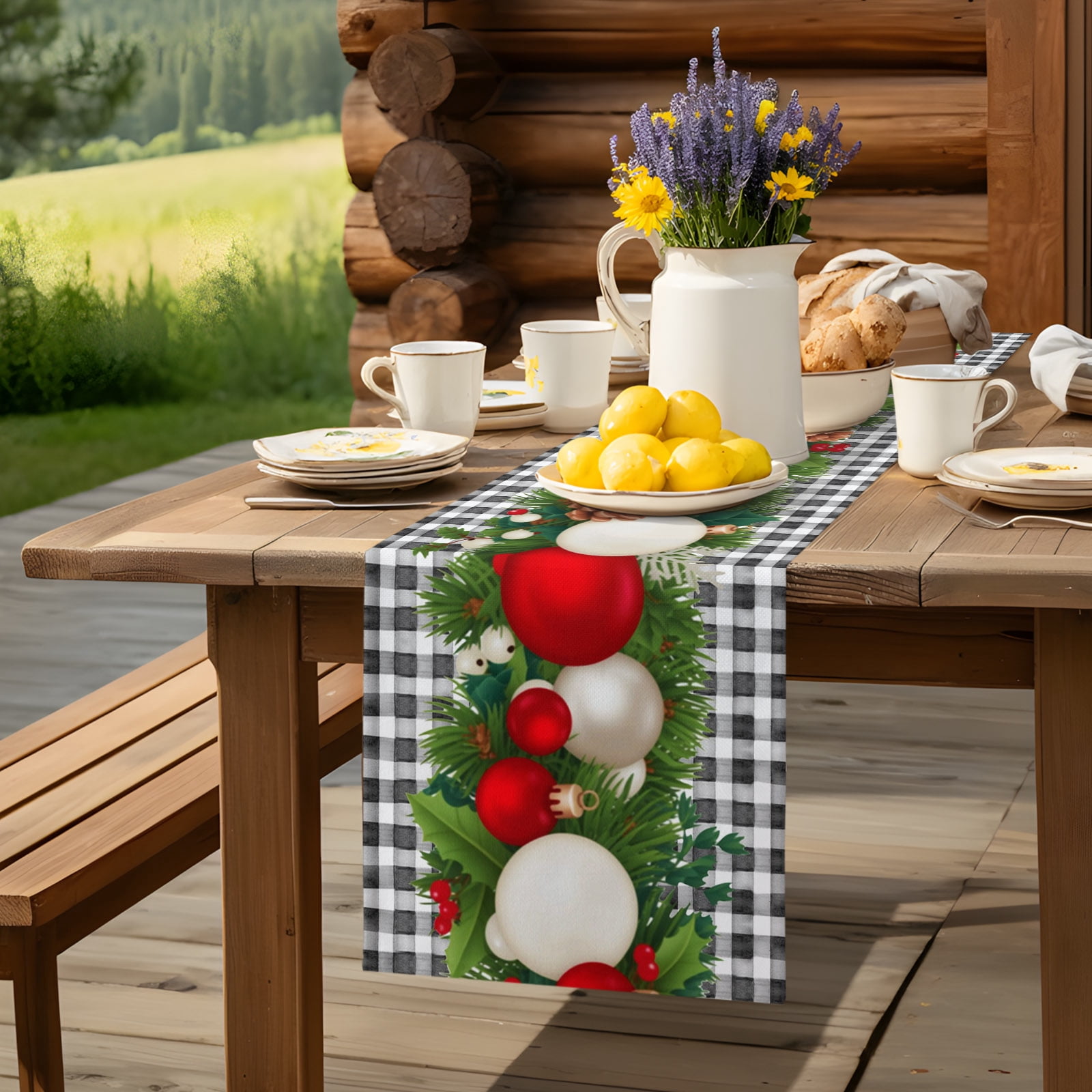 Christmas Red Balls Green Trees Table Runner 13x72in Non-Slip Cotton ...