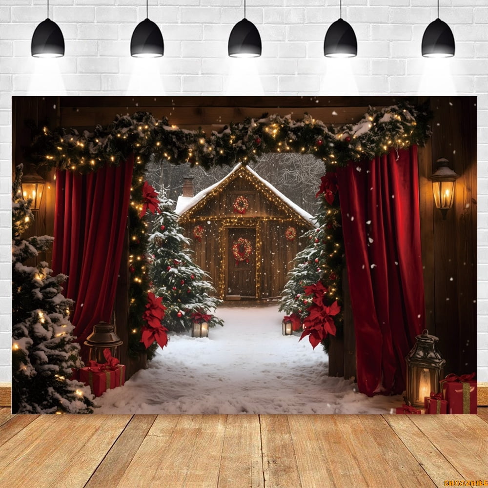 Christmas Red Barn Door Backdrop Farm Warehouse Snow Xmas Tree Light Gifts Kids Portrait Family ...