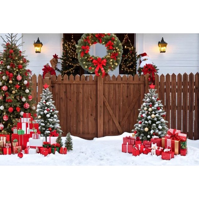 Christmas Red Barn Door Backdrop Rustic Wooden Board Xmas Tree Gifts ...