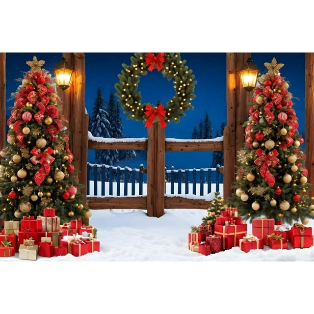Christmas Red Barn Door Backdrop Rustic Wooden Board Xmas Tree Gifts ...