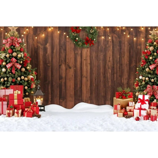 Christmas Red Barn Door Backdrop Rustic Wooden Board Xmas Tree Gifts ...